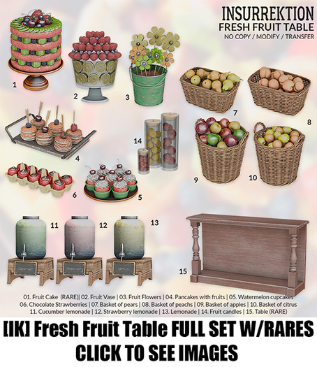 Second Life Marketplace - [IK] Fresh Fruit Table FULL SET W/RARES